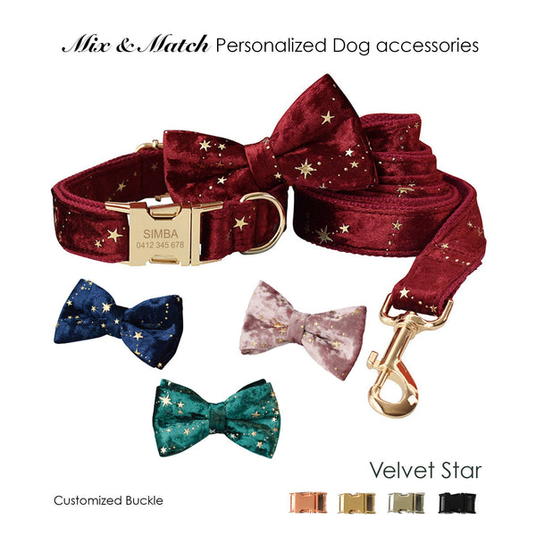 Thick Velvet Golden Star Dog Collar and Lead Set, Bowtie and Harness ...